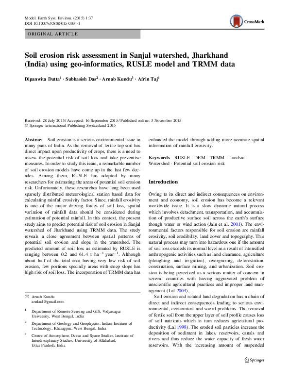 (PDF) Soil erosion risk assessment in Sanjal watershed, Jharkhand ...
