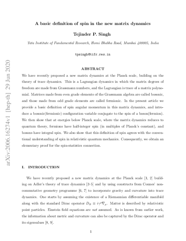 (PDF) A basic definition of spin in the new matrix dynamics