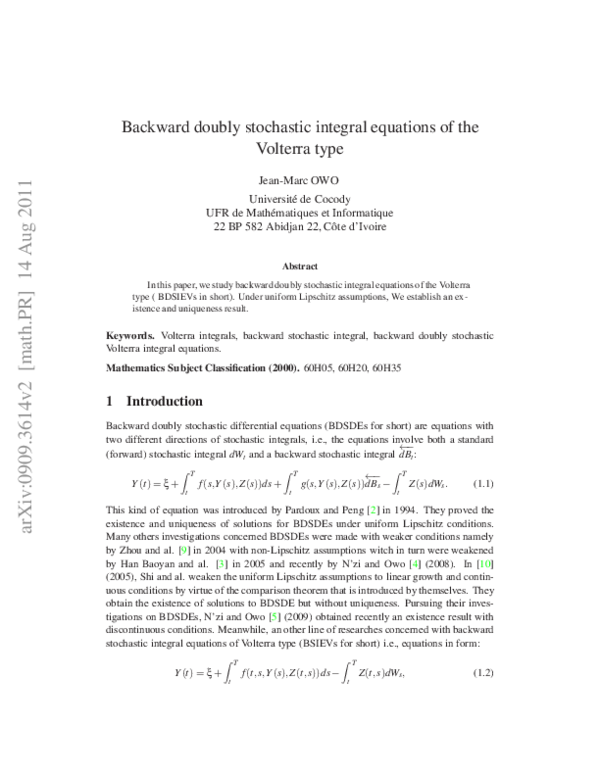 Pdf Backward Doubly Stochastic Integral Equations Of The Volterra Type