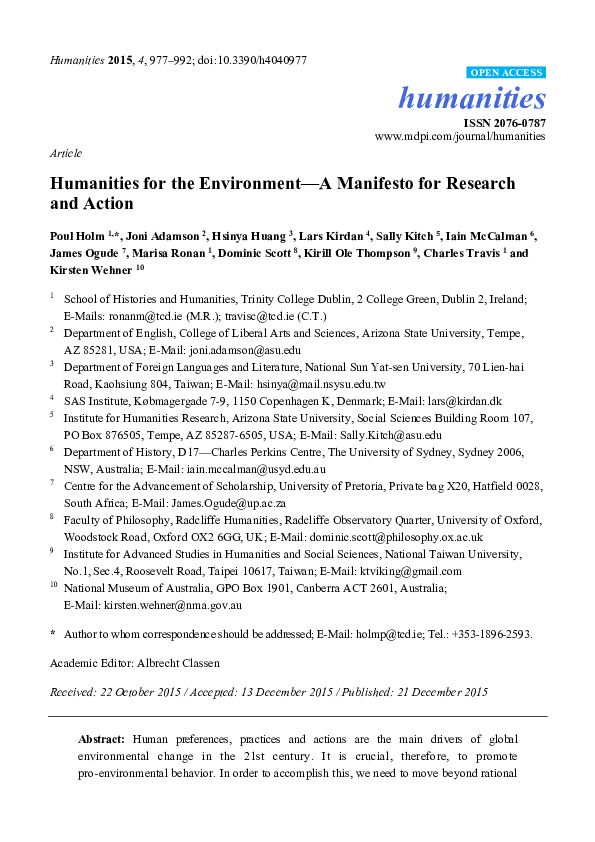 (PDF) Humanities for the Environment—A Manifesto for Research and Action