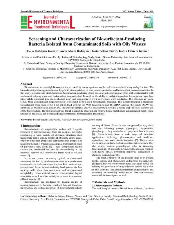 (PDF) Screening and Characterization of Biosurfactant-Producing Bacteria Isolated from ...