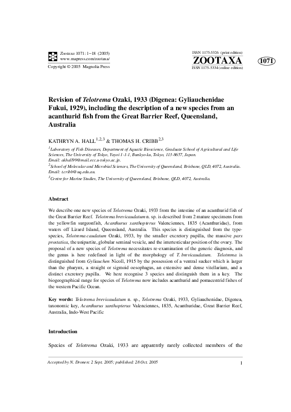 (PDF) Revision of Telotrema Ozaki, 1933 (Digenea: Gyliauchenidae Fukui ...