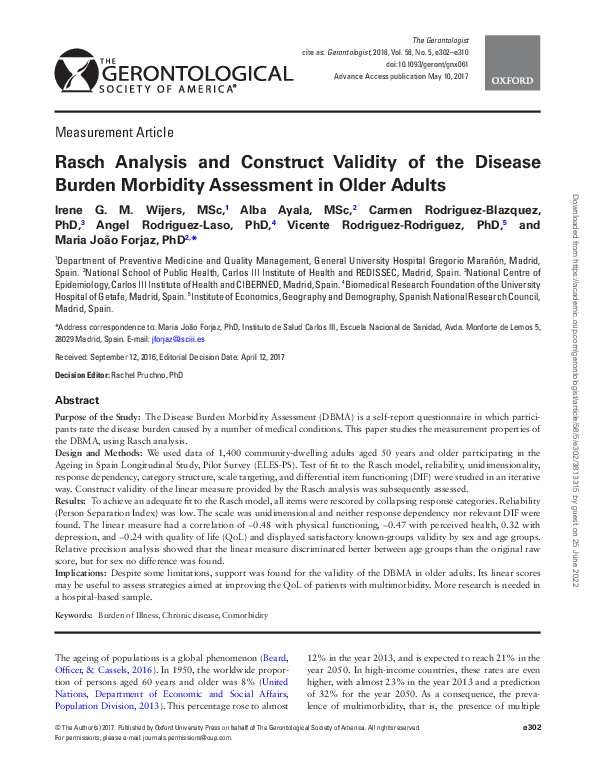 (PDF) Rasch Analysis and Construct Validity of the Disease Burden Morbidity Assessment in Older ...