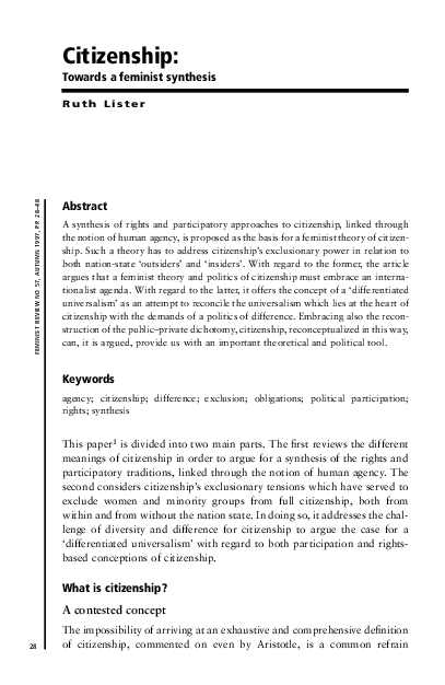 (PDF) Citizenship:Towards a feminist synthesis Ruth Lister