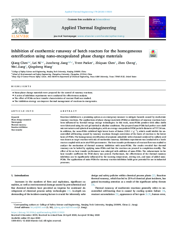 (PDF) Inhibition of exothermic runaway of batch reactors for the homogeneous esterification ...