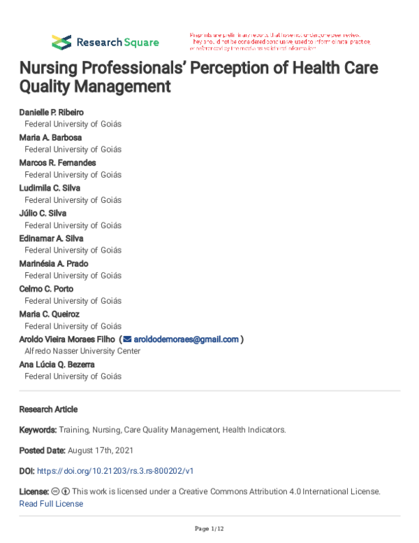 (PDF) Nursing Professionals’ Perception of Health Care Quality Management