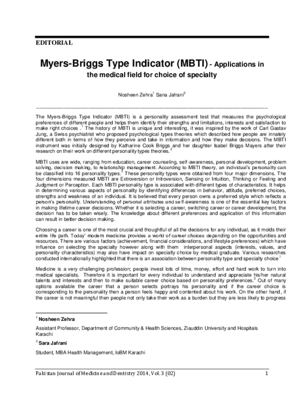 (PDF) Myers-Briggs Type Indicator (MBTI) - Applications in the medical ...
