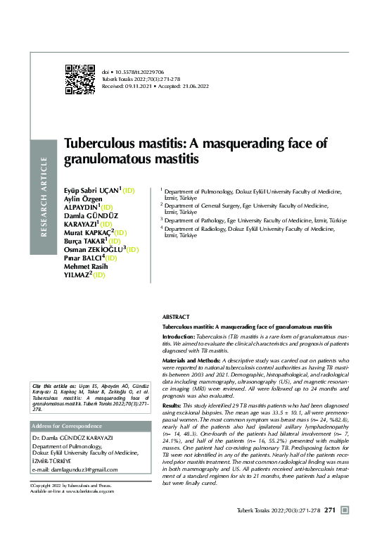 (PDF) Tuberculous mastitis: A masquerading face of granulomatous mastitis