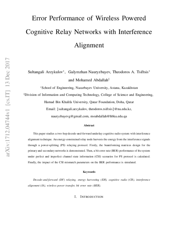 (PDF) Error performance of wireless powered cognitive relay networks with interference alignment