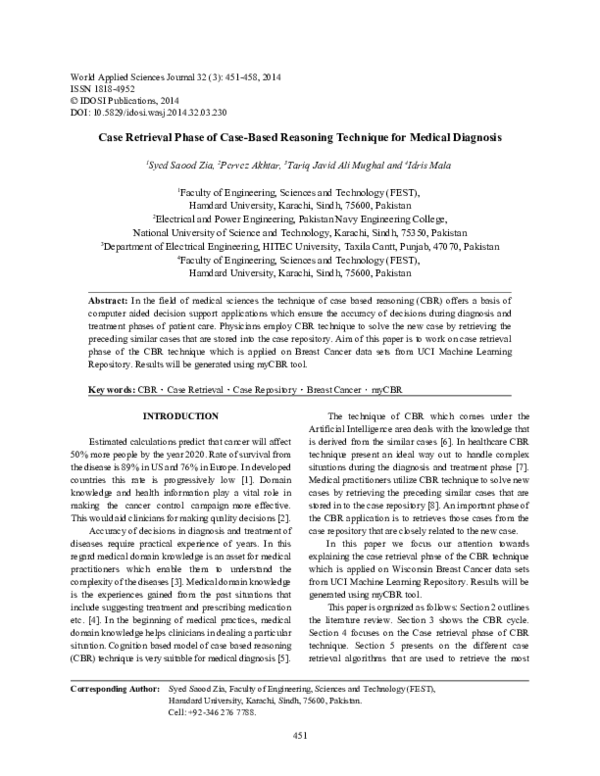 Pdf Case Retrieval Phase Of Case Based Reasoning Technique For Medical Diagnosis Ali Mughal
