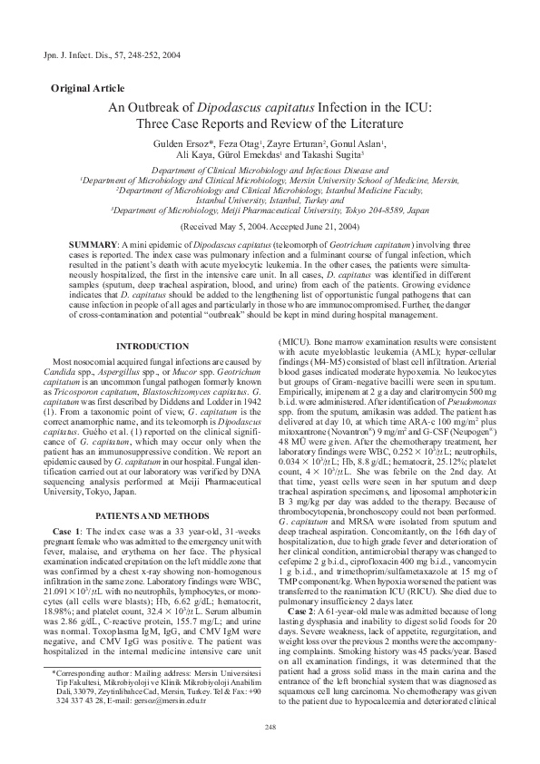 (PDF) An outbreak of Dipodascus capitatus infection in the ICU: three ...