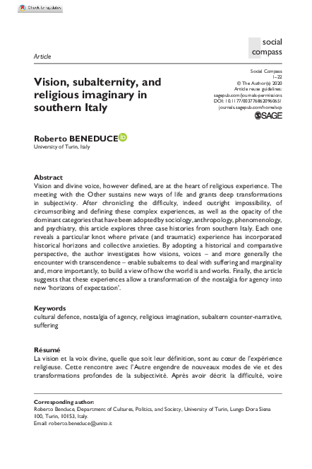 (PDF) Vision, subalternity, and religious imaginary in southern Italy