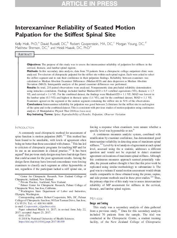 (PDF) Interexaminer Reliability of Seated Motion Palpation for the ...