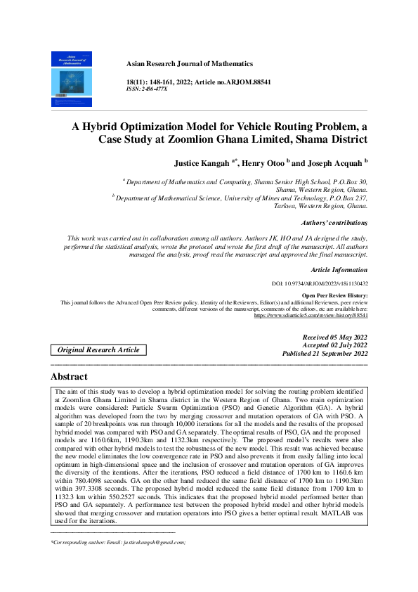 (PDF) A Hybrid Optimization Model for Vehicle Routing Problem, a Case Study at Zoomlion Ghana ...