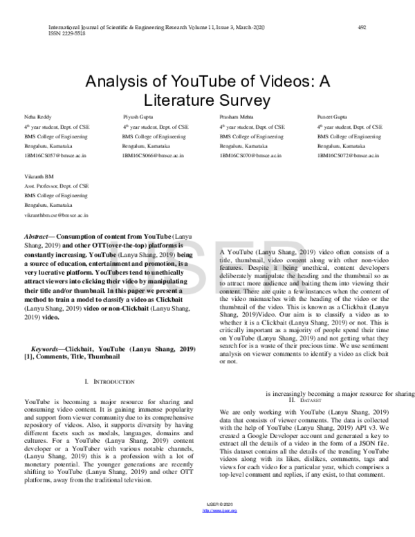 (PDF) Analysis of YouTube of Videos: A Literature Survey