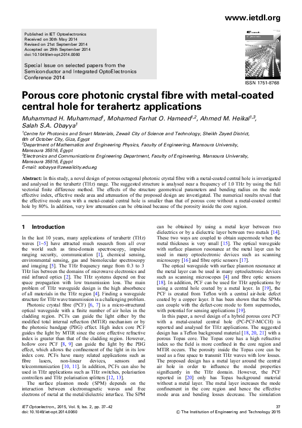 (PDF) Porous core photonic crystal fibre with metal‐coated central hole for terahertz applications