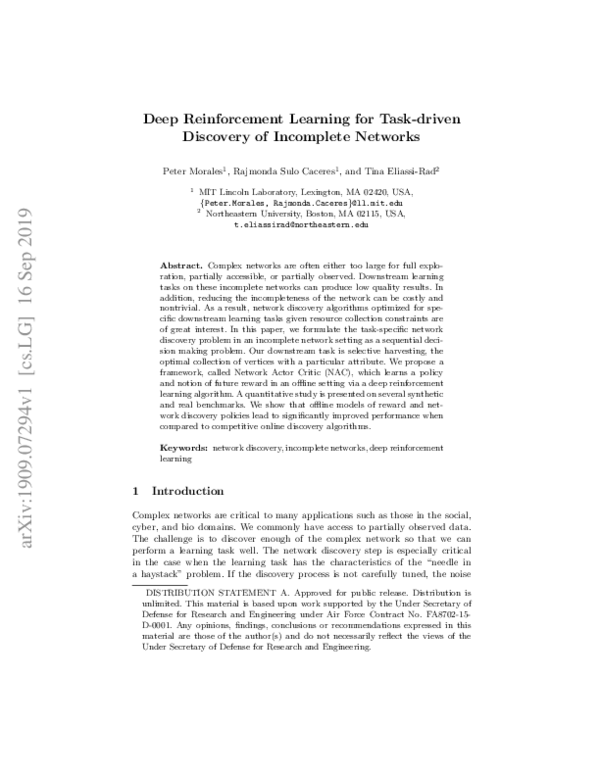 Pdf Deep Reinforcement Learning For Task Driven Discovery Of Incomplete Networks