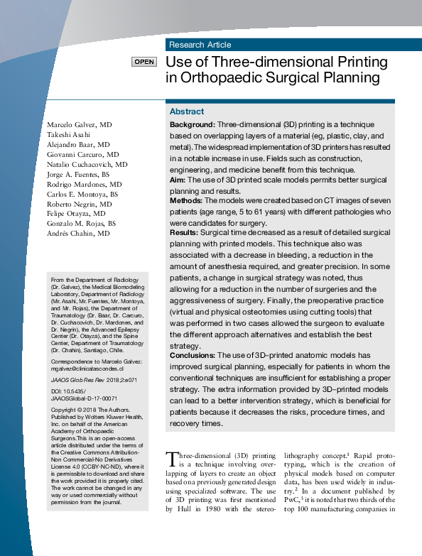 (PDF) Use of Three-dimensional Printing in Orthopaedic Surgical ...