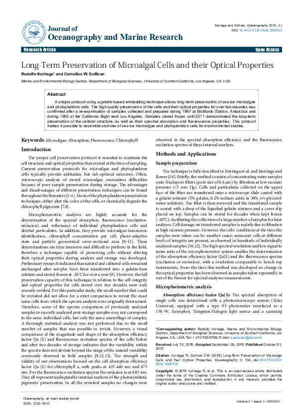 (PDF) Long-Term Preservation of Microalgal Cells and their Optical Properties