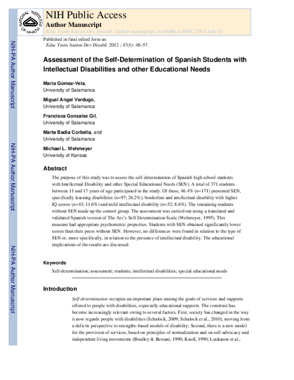 (PDF) Assessment of the Self-Determination of Spanish Students with ...