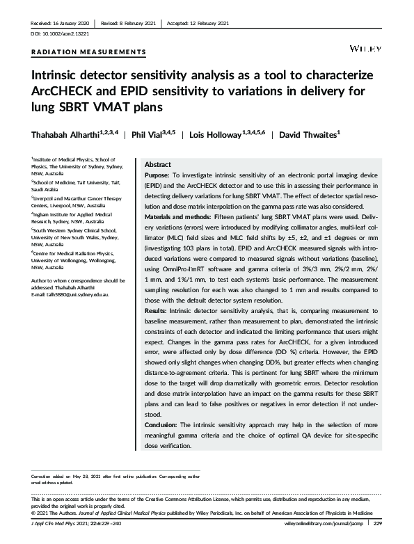 (PDF) Intrinsic detector sensitivity analysis as a tool to characterize ArcCHECK and EPID ...