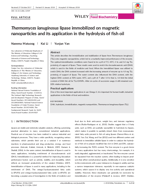 (PDF) Thermomyces lanuginosus lipase immobilized on magnetic ...