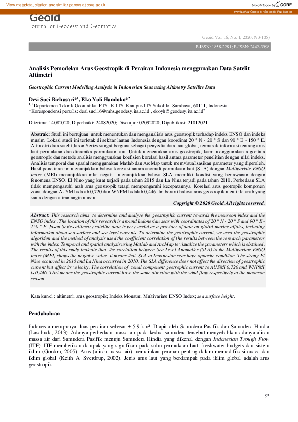 (PDF) Analisis Pemodelan Arus Geostropik di Perairan Indonesia ...