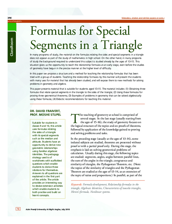 (PDF) Formulas for special segments in a triangle | David Fraivert ...