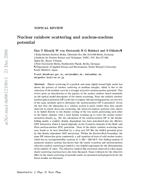(PDF) Nuclear rainbow scattering and nucleus–nucleus potential
