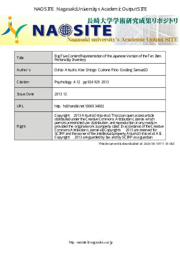 (PDF) Big Five Content Representation of the Japanese Version of the ...