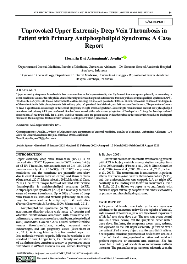 (PDF) Unprovoked Upper Extremity Deep Vein Thrombosis in Patient with ...