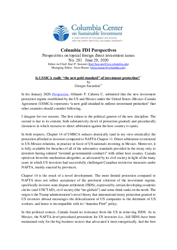 (PDF) Is USMCA really “the new gold standard” of investment protection?