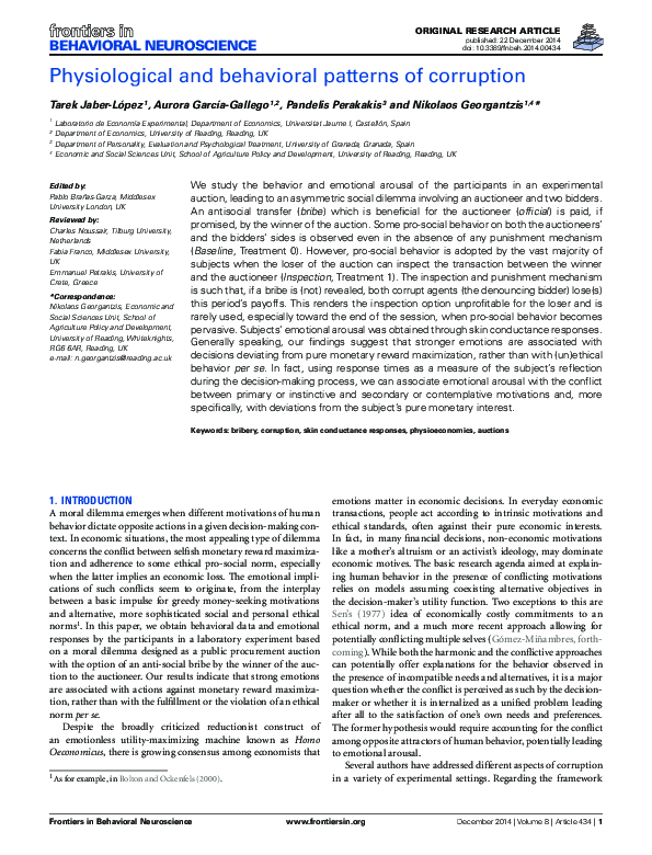 (PDF) Physiological and behavioral patterns of corruption