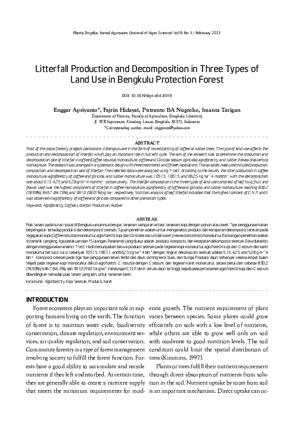 (PDF) Litterfall Production and Decomposition in Three Types of Land ...