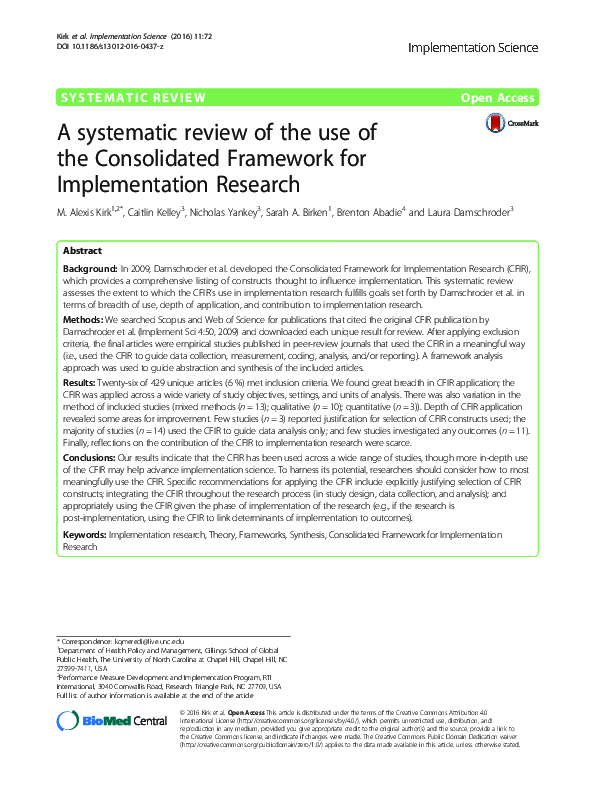 (PDF) A systematic review of the use of the Consolidated Framework for ...