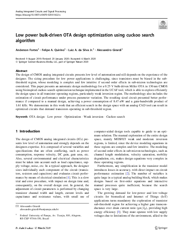 Pdf Low Power Bulk Driven Ota Design Optimization Using Cuckoo Search Algorithm Dr Felipe