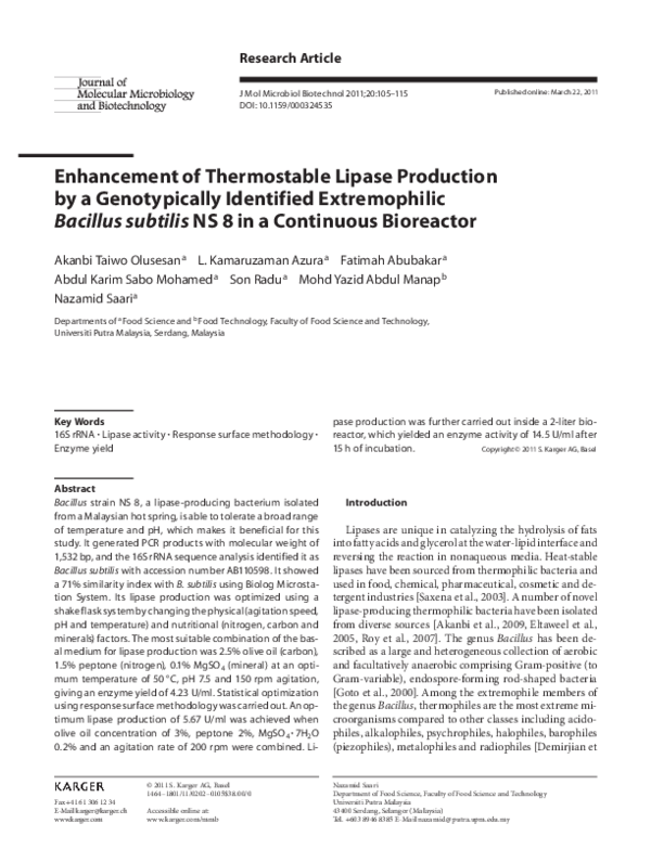 (PDF) Enhancement of Thermostable Lipase Production by a Genotypically Identified Extremophilic ...