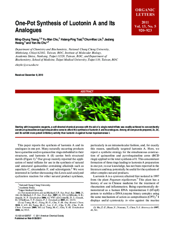 (PDF) One-Pot Synthesis of Luotonin A and Its Analogues