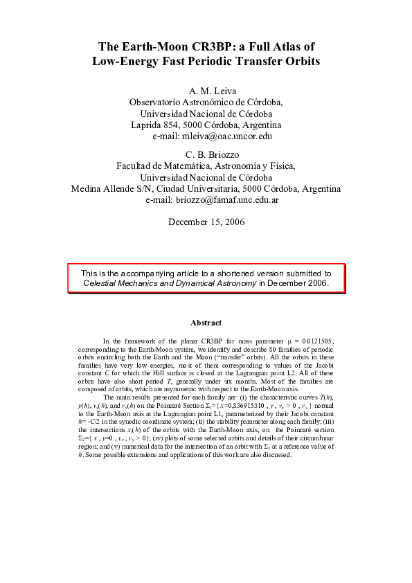 (PDF) The Earth-Moon CR3BP: A full Atlas of low-energy fast periodic ...
