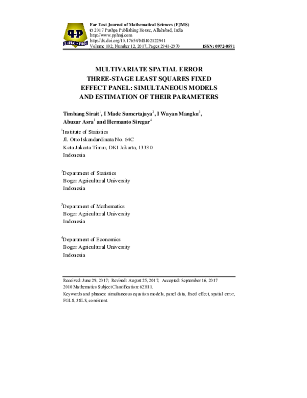 Pdf Multivariate Spatial Error Three Stage Least Squares Fixed Effect