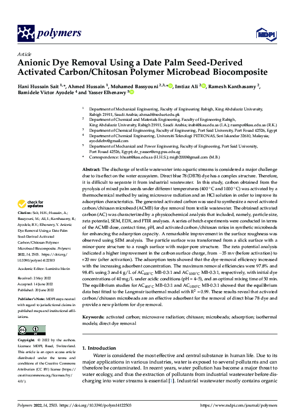 Pdf Anionic Dye Removal Using A Date Palm Seed Derived Activated