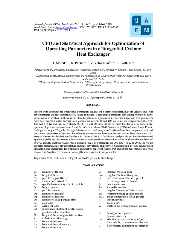 (PDF) CFD and Statistical Approach for Optimization of Operating Parameters in a Tangential ...