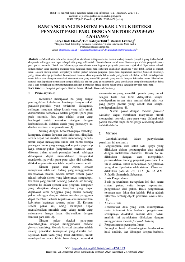 (PDF) Rancang Bangun Sistem Pakar Untuk Deteksi Penyakit Paru-Paru Dengan Metode Forward ...