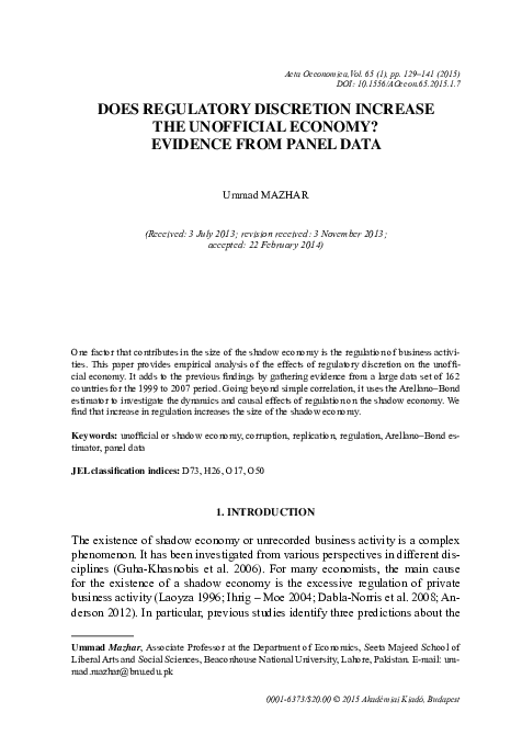 (PDF) The Unofficial Economy ? Evidence from Panel Data
