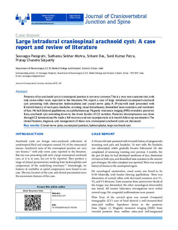 Pdf Large Intradural Craniospinal Arachnoid Cyst A Case Report And