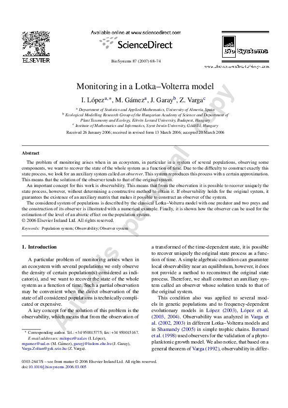 (PDF) Monitoring in a Lotka–Volterra model