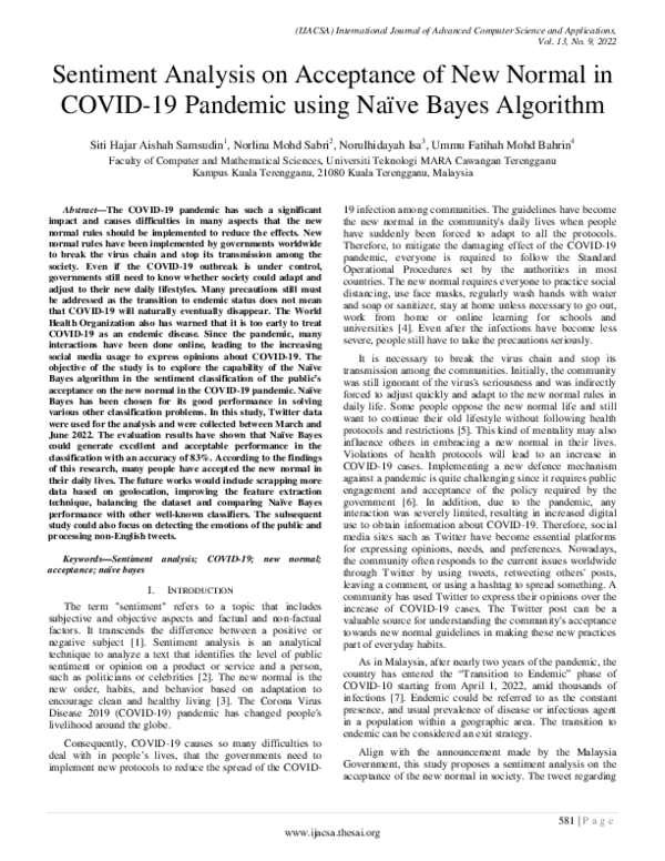 (PDF) Sentiment Analysis on Acceptance of New Normal in COVID-19 Pandemic using Naïve Bayes ...