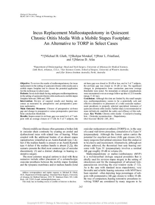 (PDF) Incus Replacement Malleostapedotomy in Quiescent Chronic Otitis ...