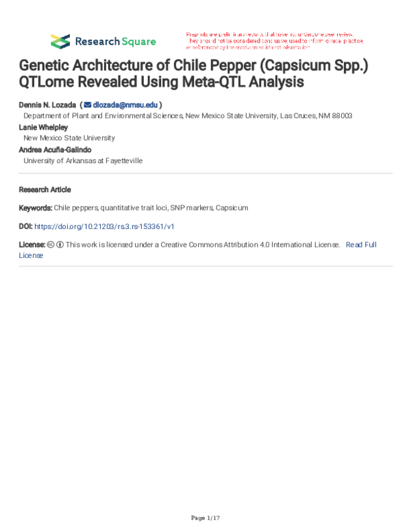 (PDF) Genetic Architecture of Chile Pepper (Capsicum Spp.) QTLomeRevealed Using Meta-QTLAnalysis ...