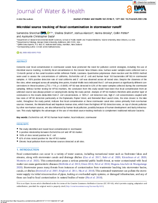 Pdf Microbial Source Tracking Of Fecal Contamination In Stormwater Runoff